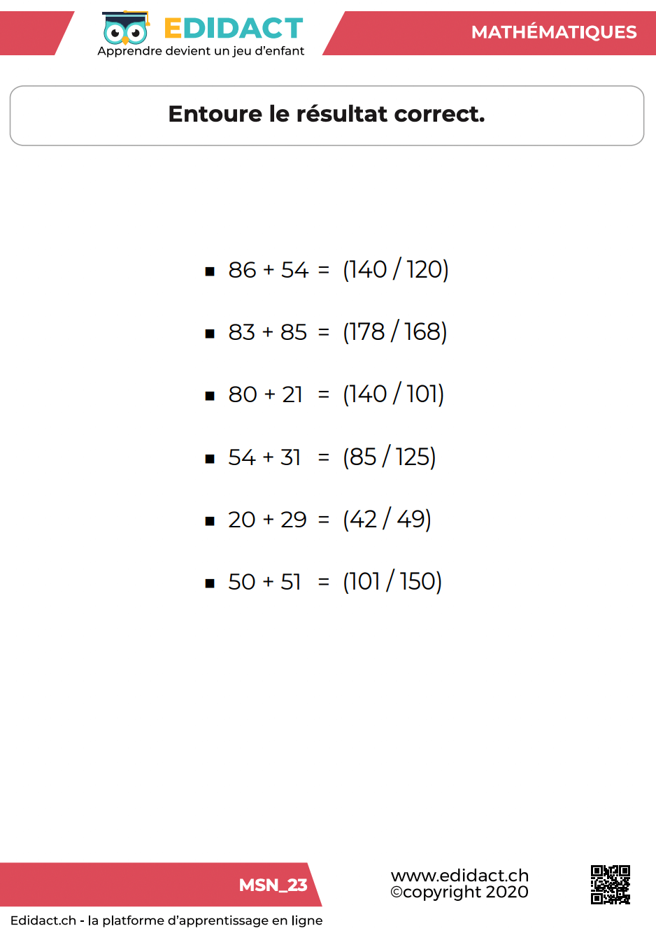 Exercices d’Addition en Ligne et Fiches PDF - Edidact